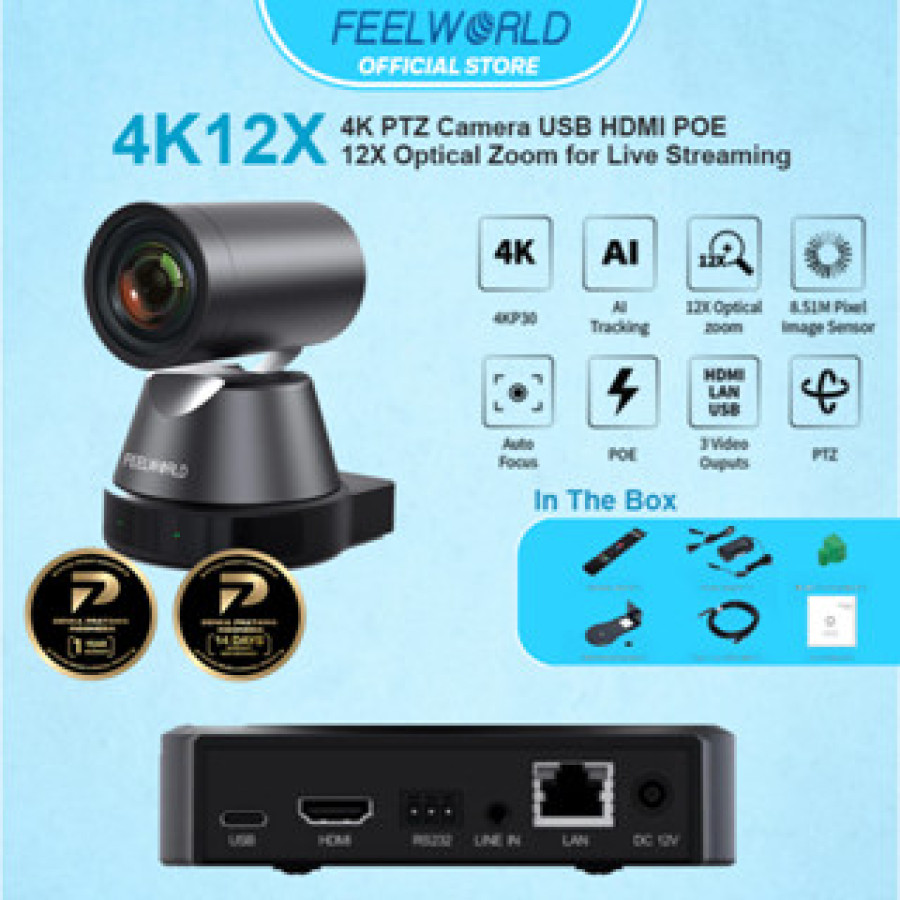 Feelworld 4K12X 4K PTZ Camera USB HDMI POE AI 12X Optical Zoom
